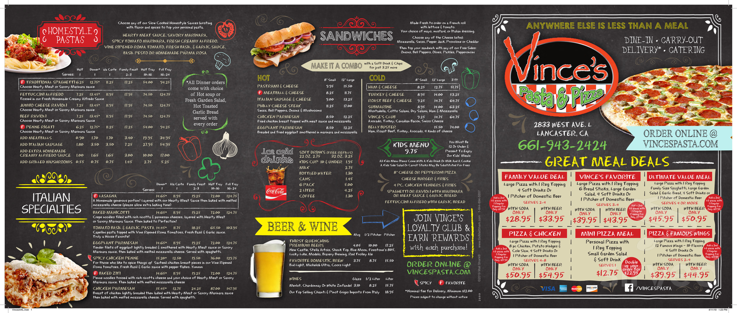 Menu for Vince's Pasta & Pizza in Quartz Hill, CA | Sirved