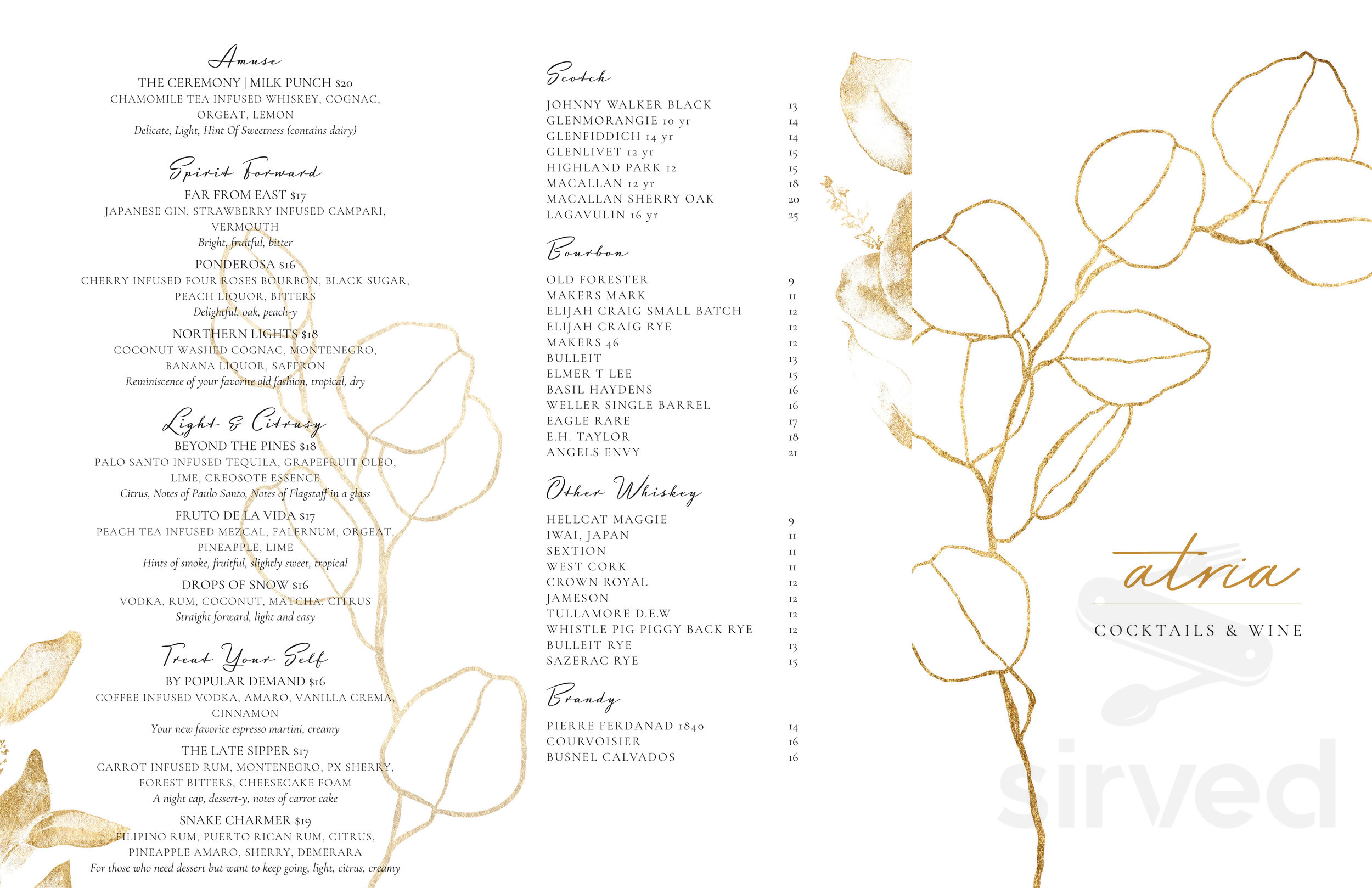 Atria menu in Flagstaff, Arizona, USA