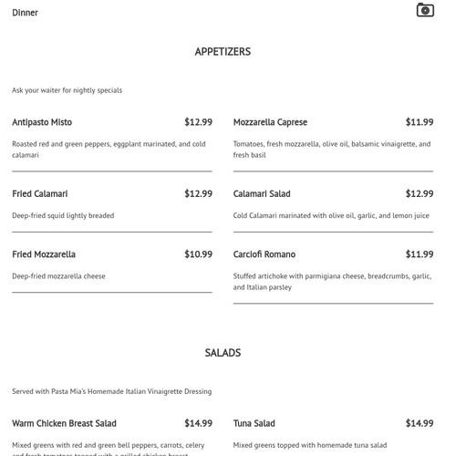 Pasta Mia West menu in Las Vegas, Nevada, USA