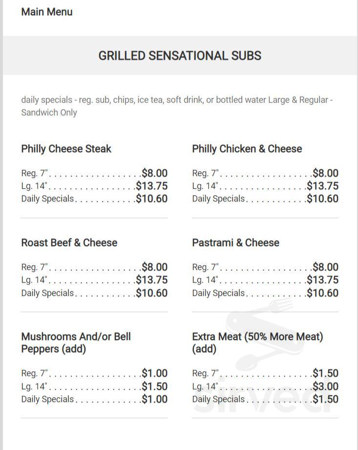 Sensational Subs menu in Atlanta, Georgia, USA