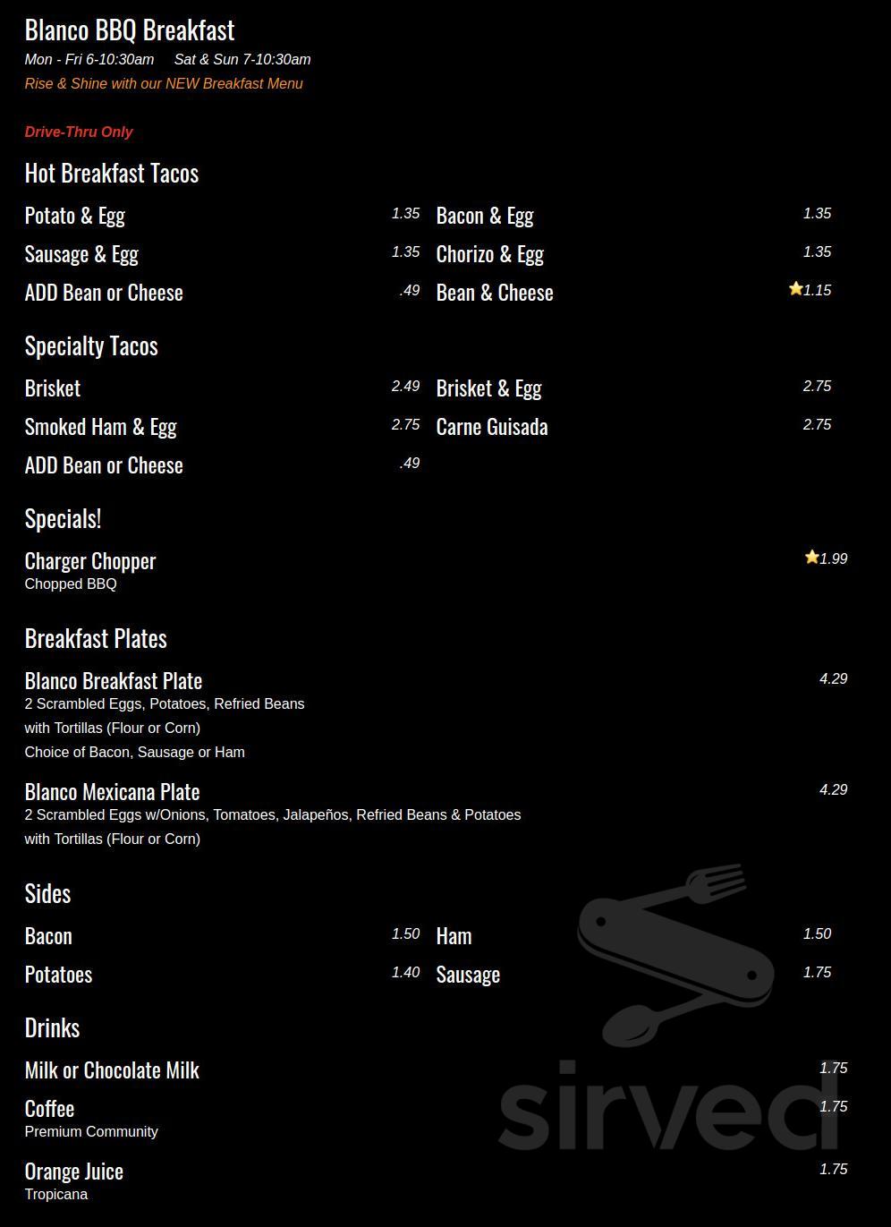 Blanco BBQ menu in San Antonio, Texas, USA