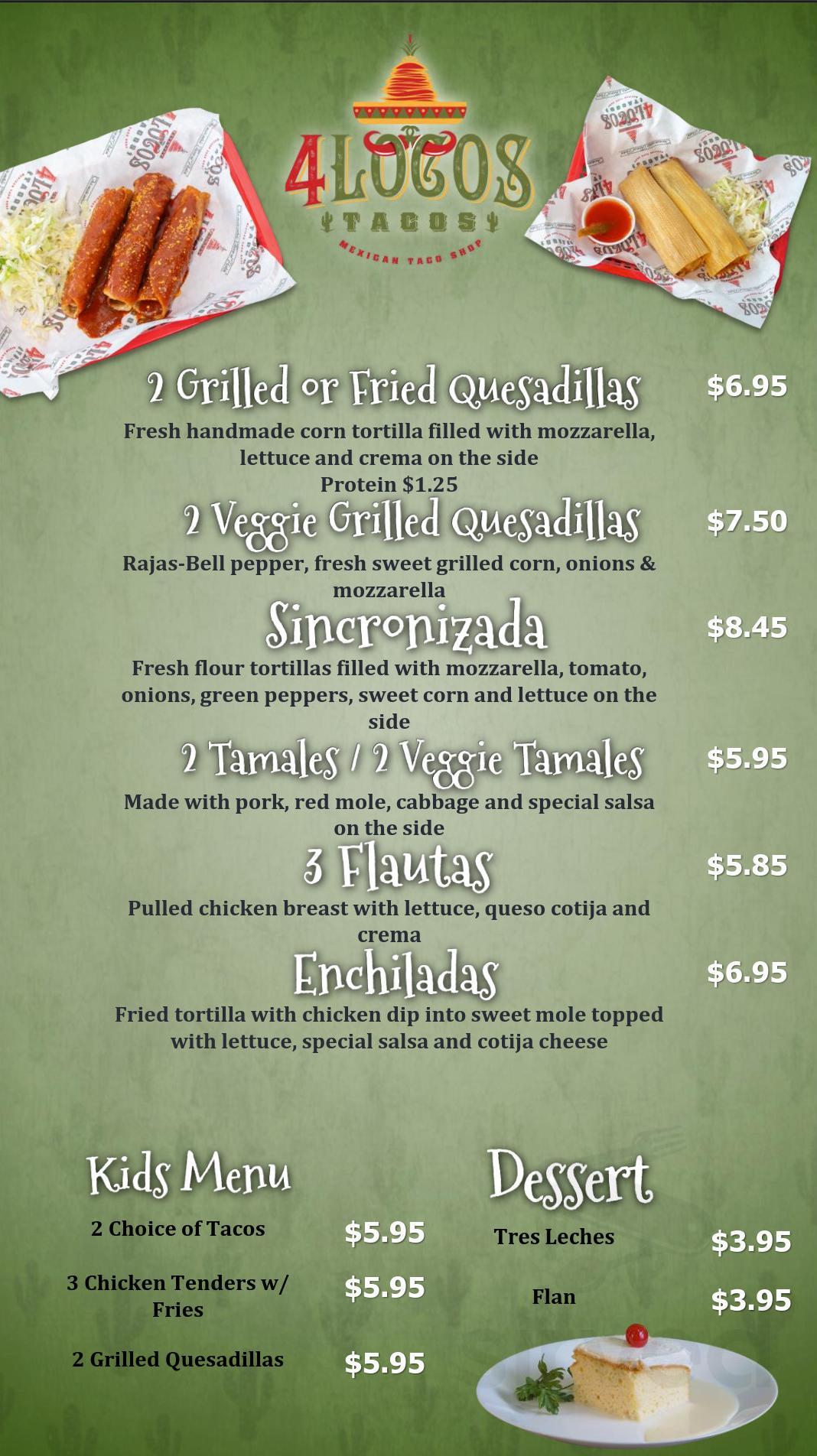 4 Locos Tacos menu in Winter Garden, Florida, USA