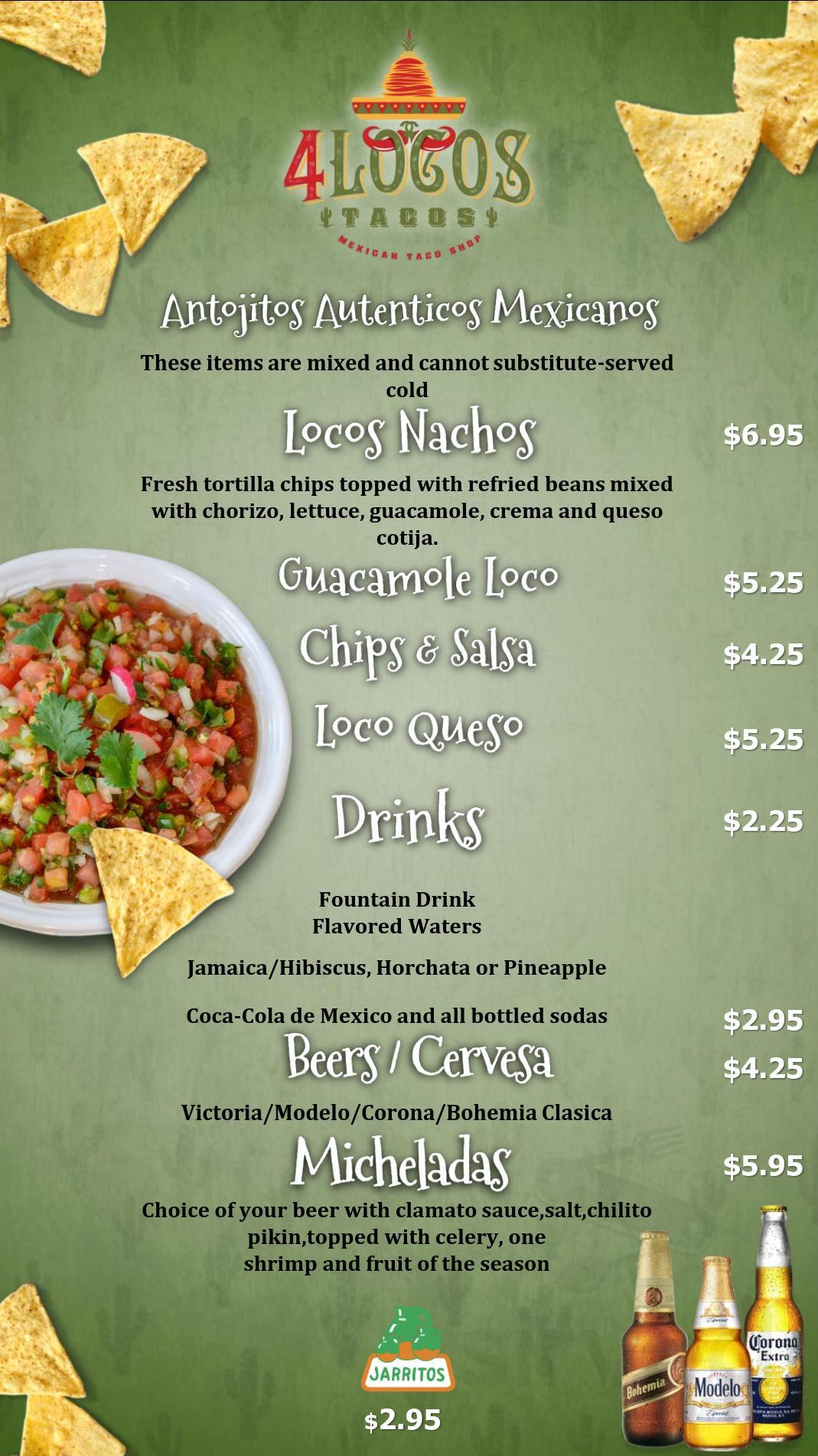 4 Locos Tacos menu in Winter Garden, Florida, USA