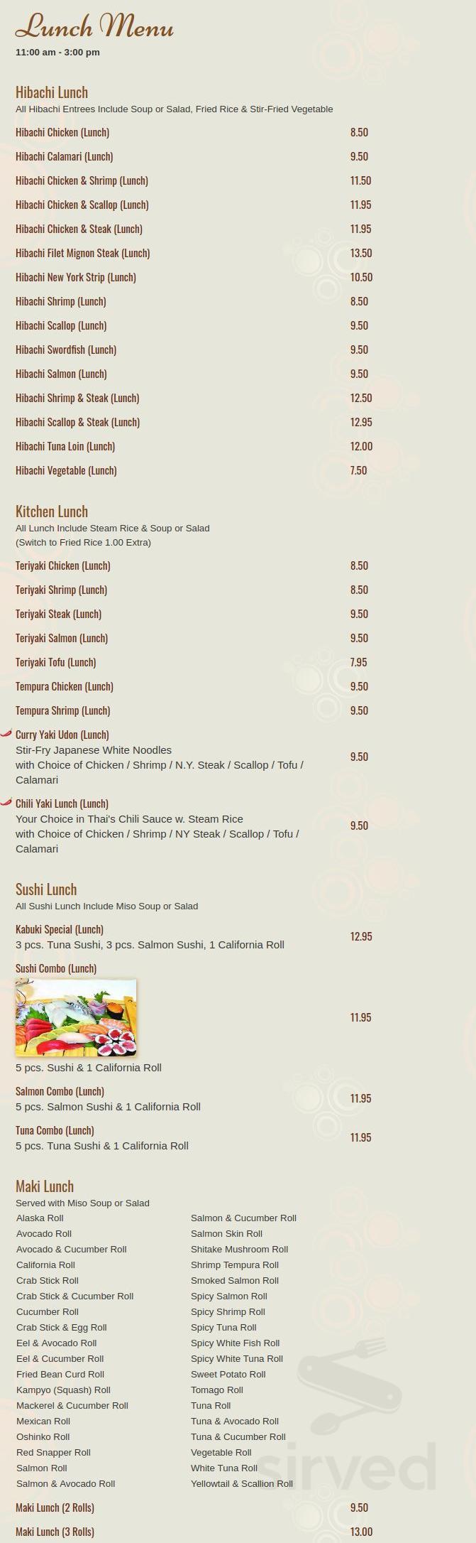 Kabuki menu in Peckville, Pennsylvania, USA