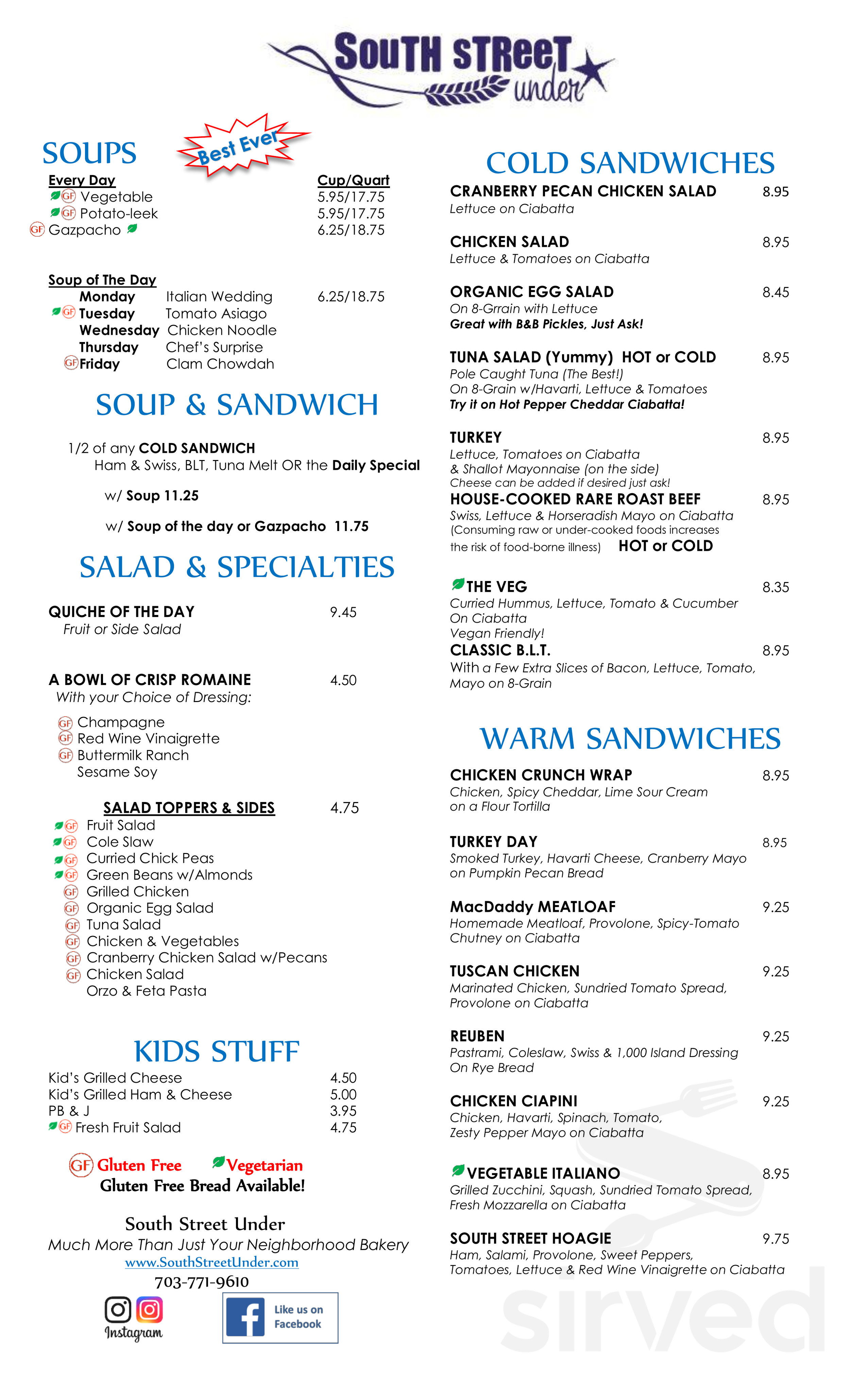 South Street Under menu in Leesburg, Virginia, USA