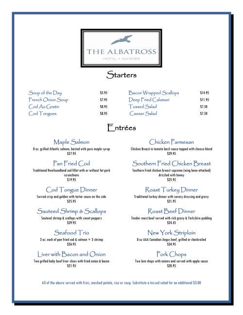 Albatross Hotel menu in Gander, Newfoundland and Labrador, Canada