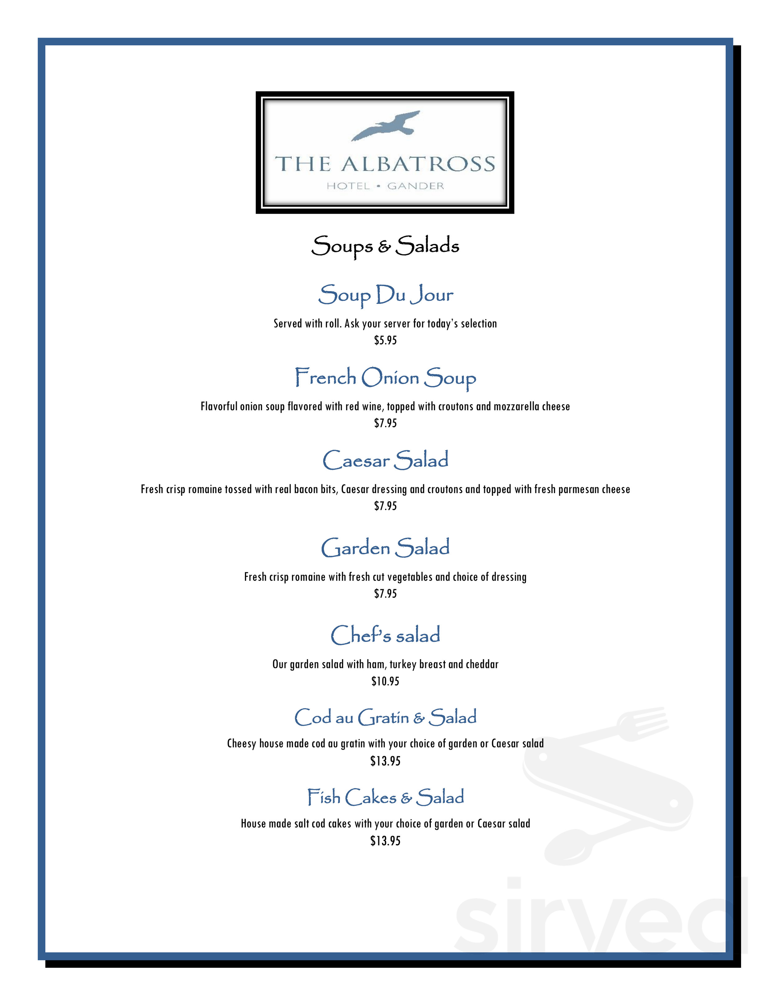 Albatross Hotel menu in Gander, Newfoundland and Labrador, Canada