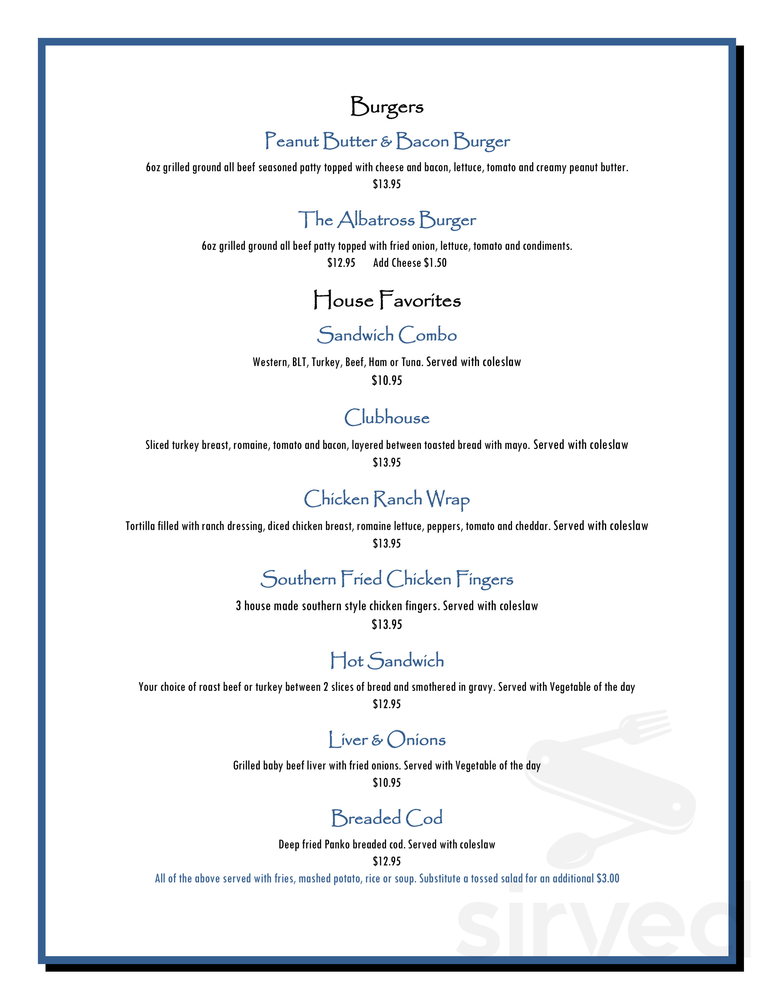 Albatross Hotel menus in Gander, Newfoundland and Labrador, Canada