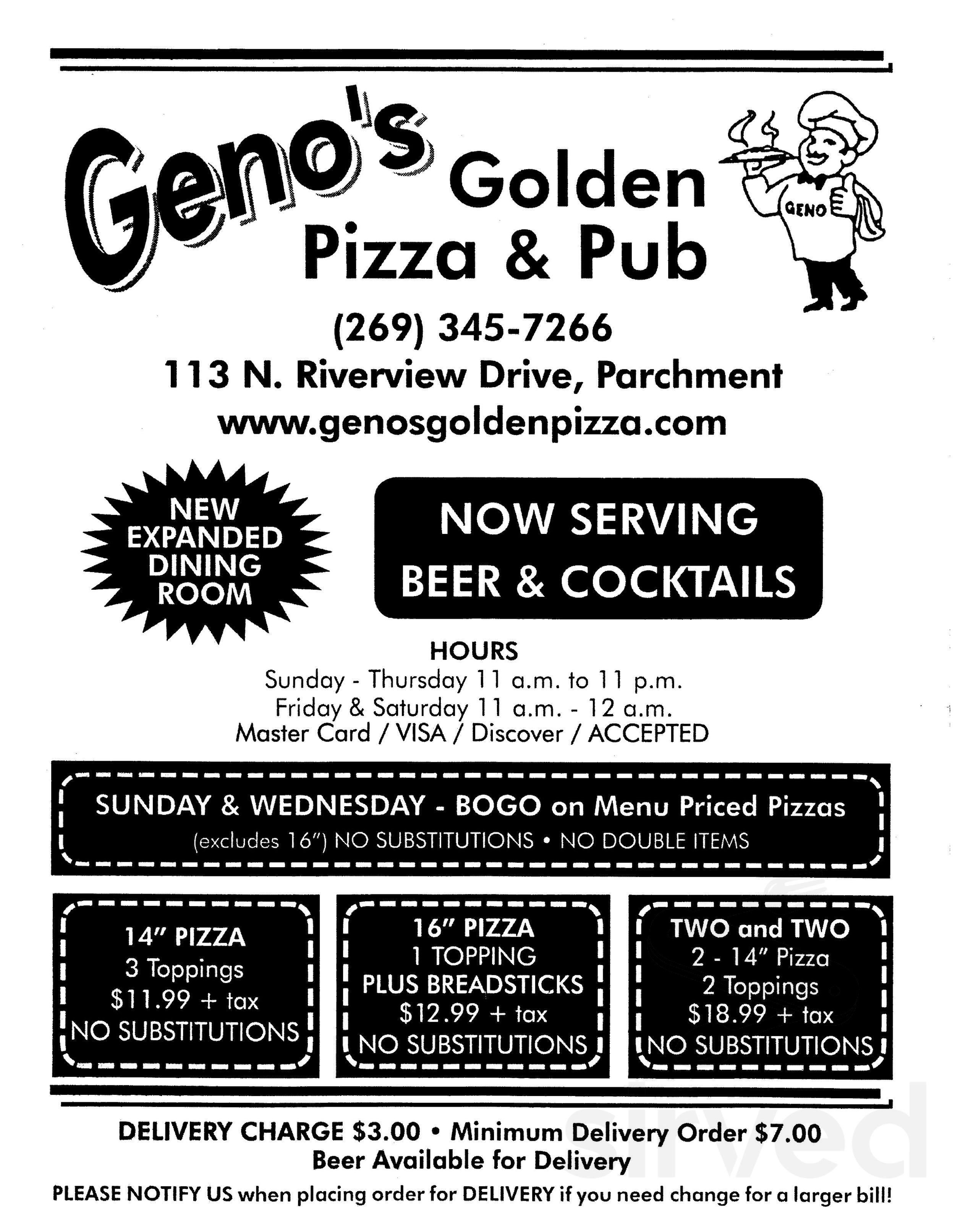 Menu for Genos Golden Pizza/ The Big G in Parchment, MI | Sirved