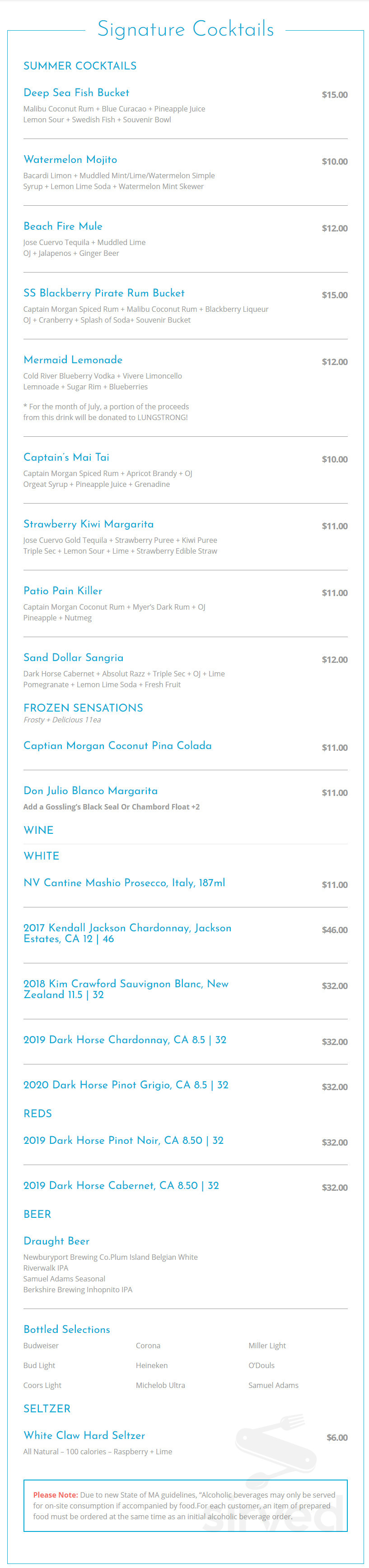 SurfSide menu in Salisbury, Massachusetts, USA