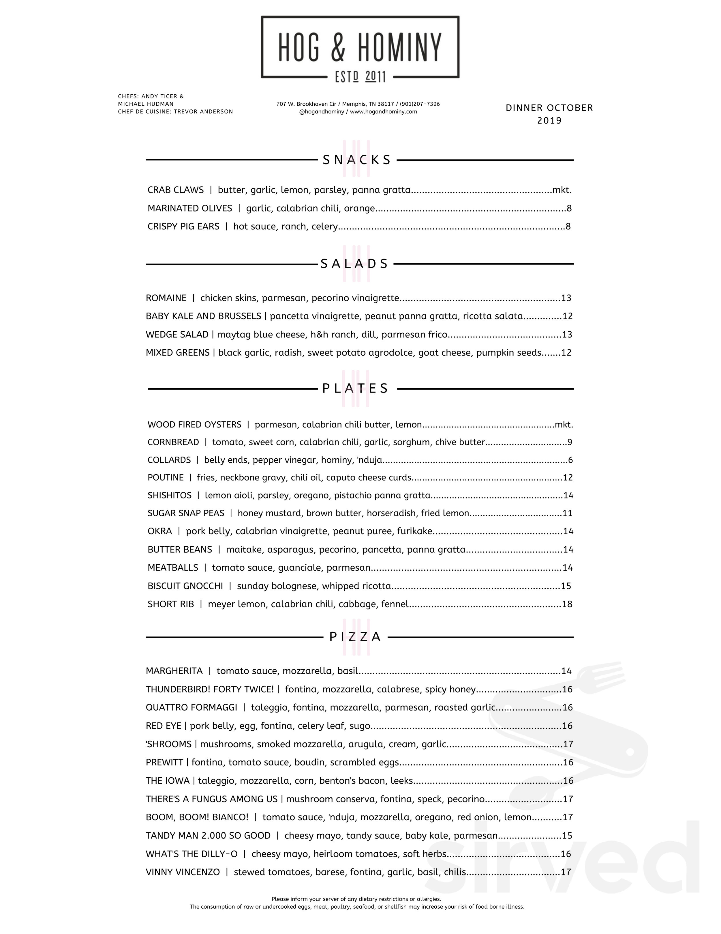 Menu - Memphis TN's Hog & Hominy | Sirved