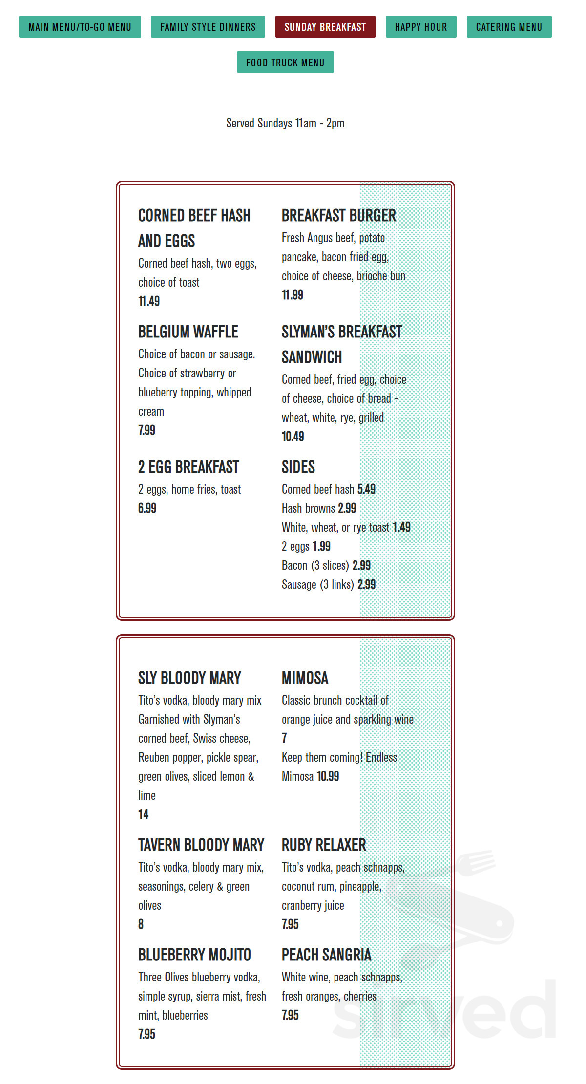 Menu for Slyman's Tavern Independence in Independence, OH | Sirved