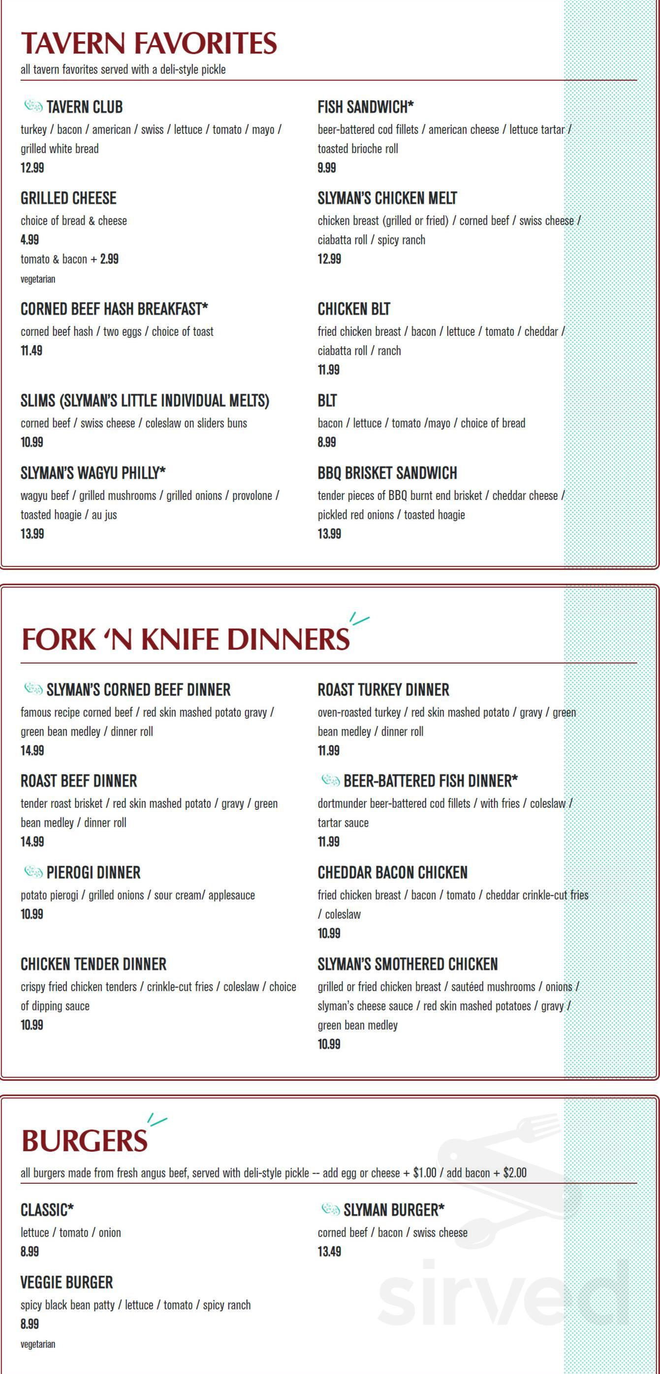 Menu for Slyman's Tavern Independence in Independence, OH | Sirved