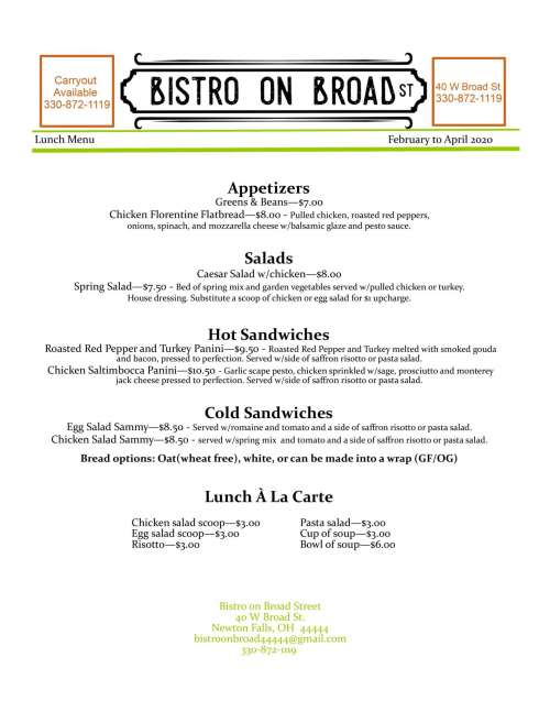Bistro on Broad Street menu in Newton Falls, Ohio, USA