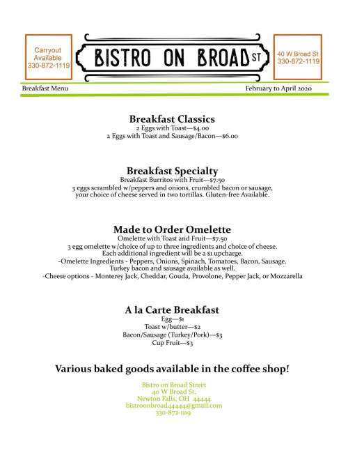 Bistro on Broad Street menu in Newton Falls, Ohio, USA