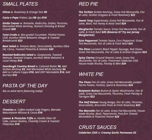 Giulia menu in Ottawa, Ontario, Canada