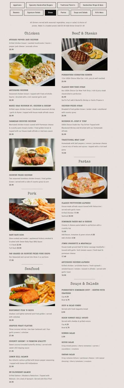 Forresters Bar & Grill menu in Eugene, Oregon, USA