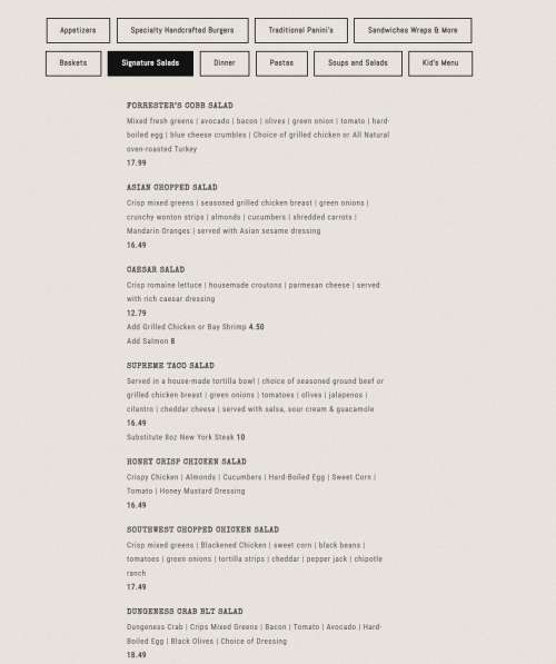 Forresters Bar & Grill menu in Eugene, Oregon, USA