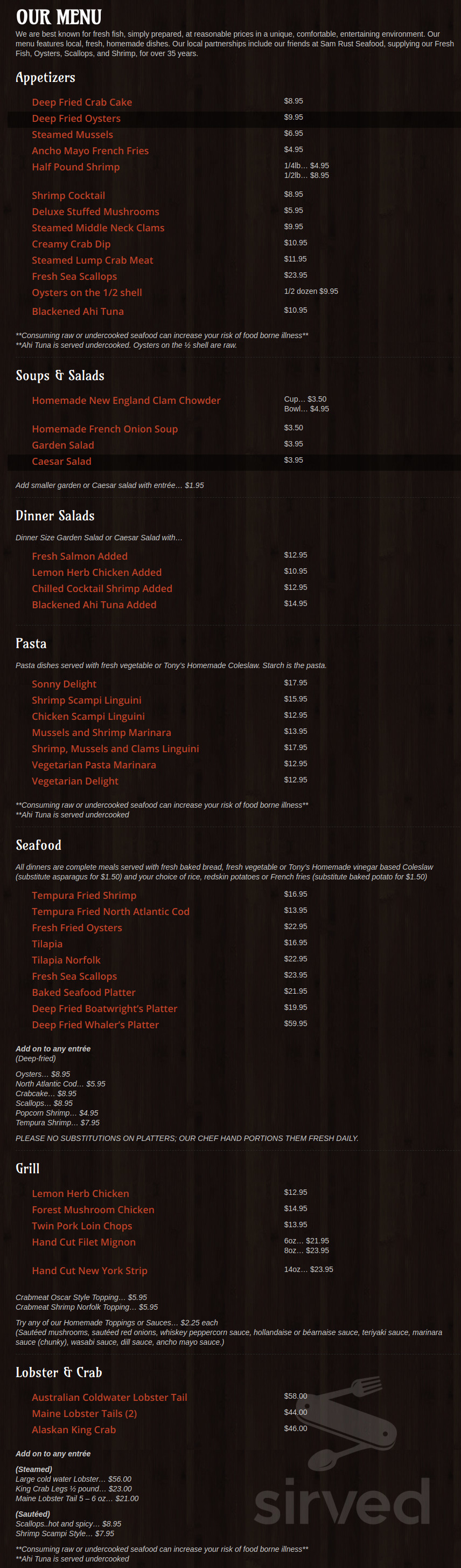 The Whaling Company Menu - Williamsburg, Virginia | Sirved