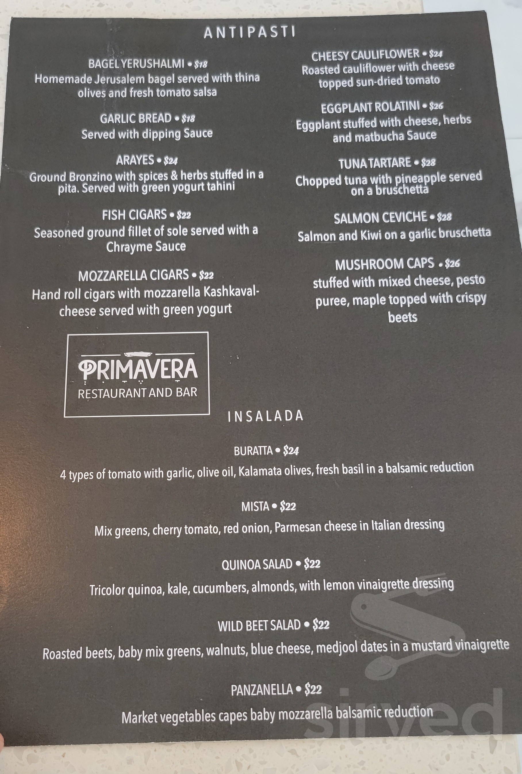 PRIMAVERA RESTAURANT & BAR menu in Deal, New Jersey, USA