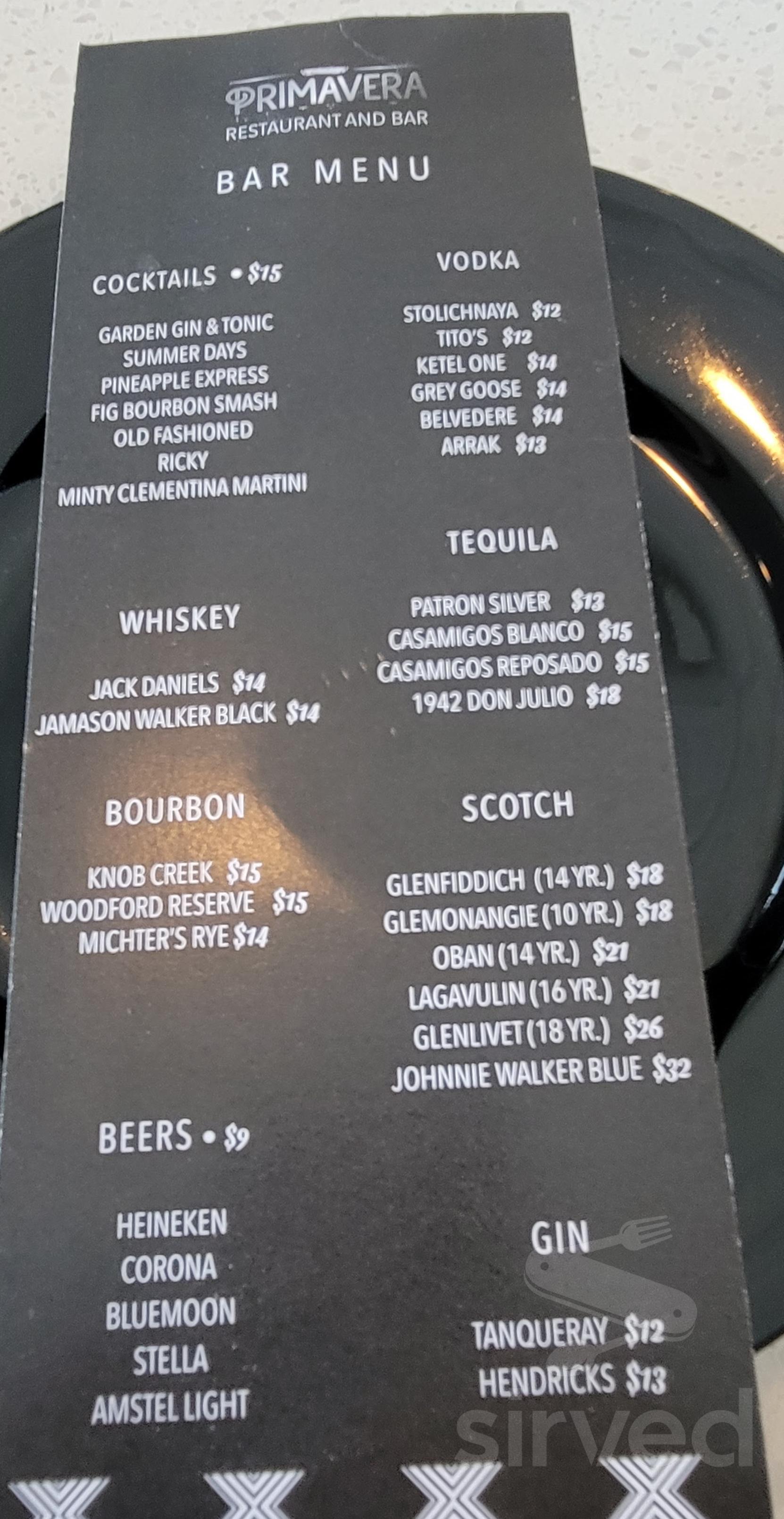 PRIMAVERA RESTAURANT & BAR menu in Deal, New Jersey, USA