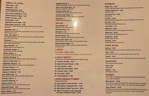 Izakaya Jinsei menu in Eugene, Oregon, USA