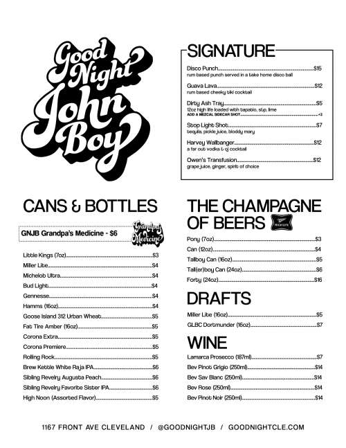 Good Night John Boy menu in Cleveland, Ohio, USA