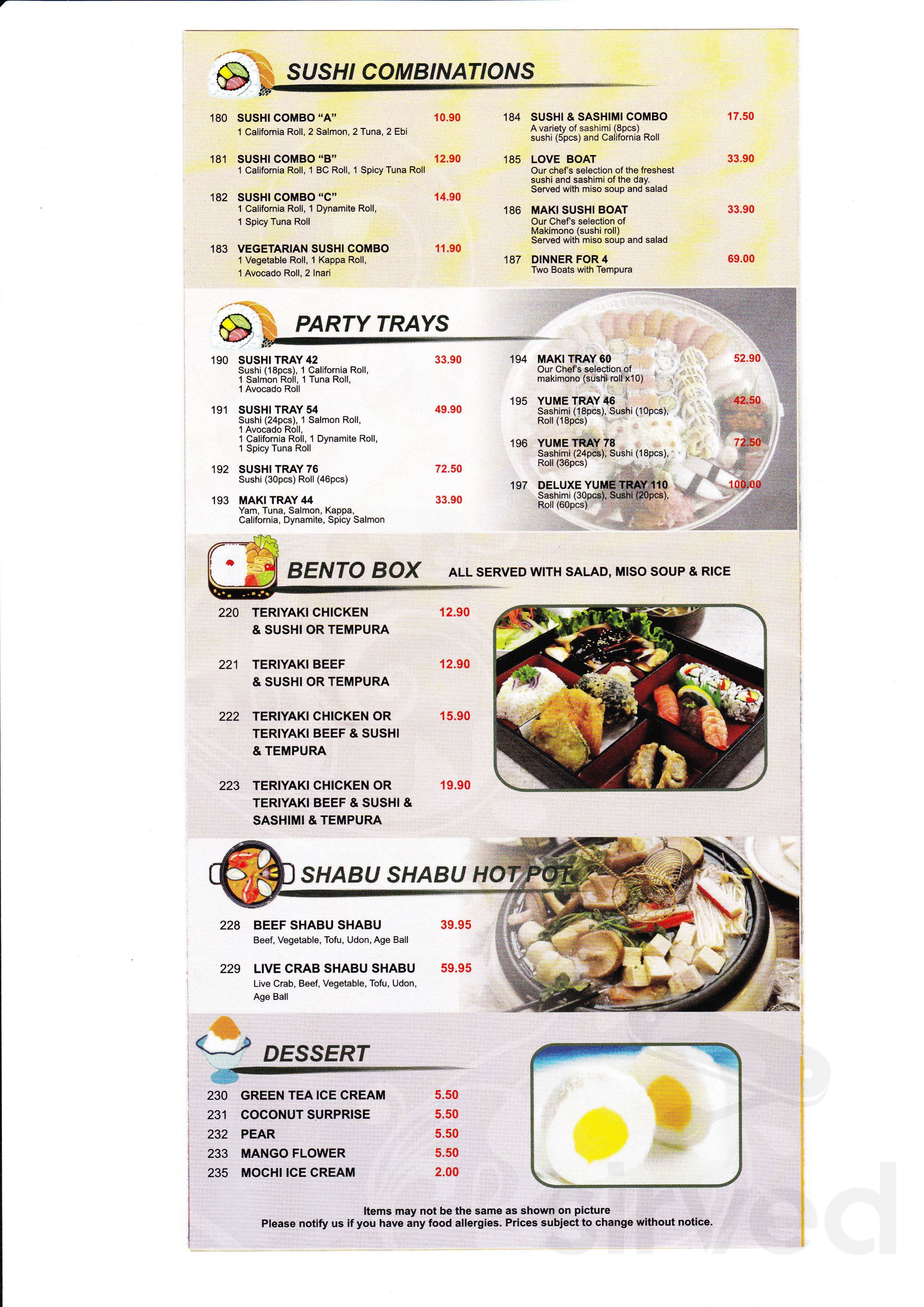 Yume Sushi menus in Chestermere, Alberta, Canada
