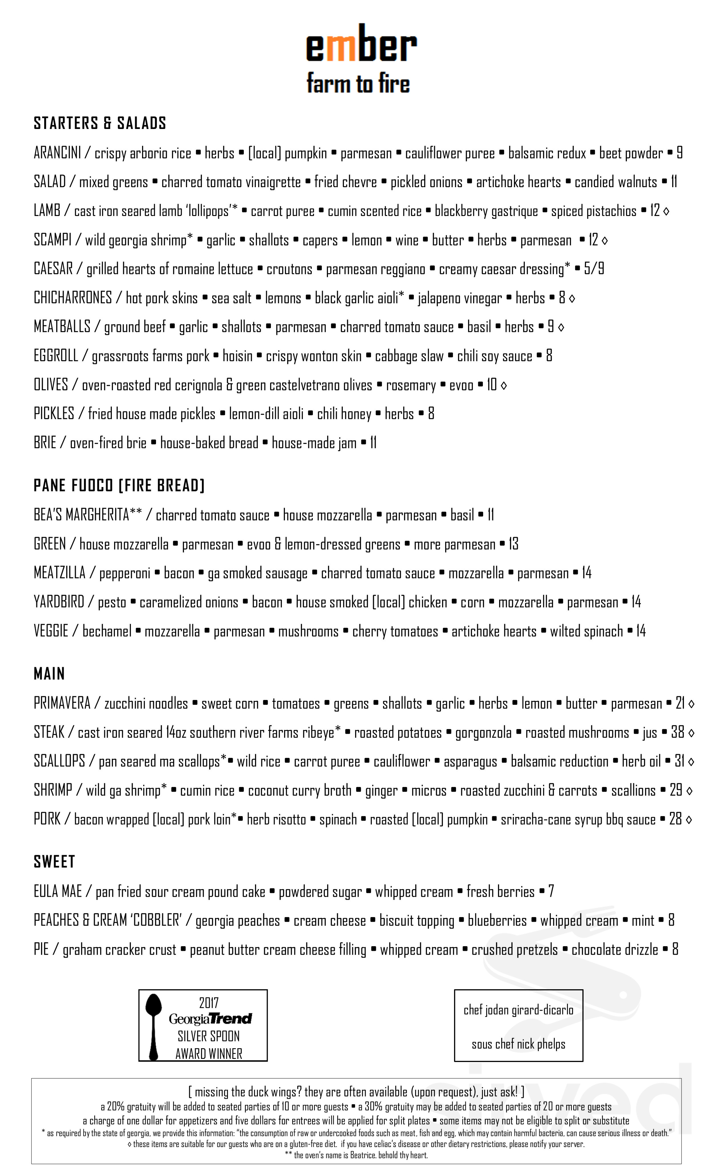 Ember Farm to Fire menu in St Simons Island, Georgia, USA