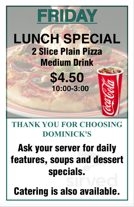 Dominick's Pizza menu in Quakertown, Pennsylvania, USA