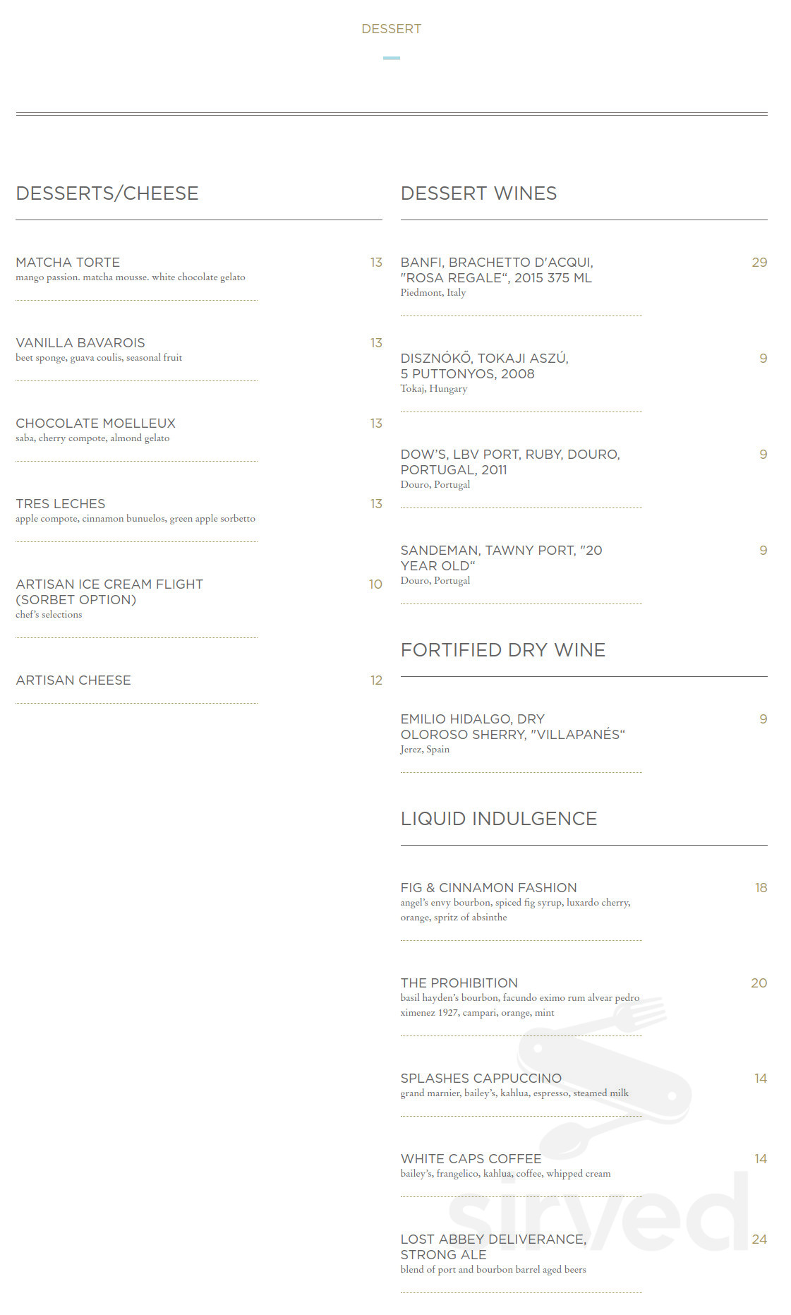 Menu for Splashes Restaurant in Laguna Beach, CA | Sirved