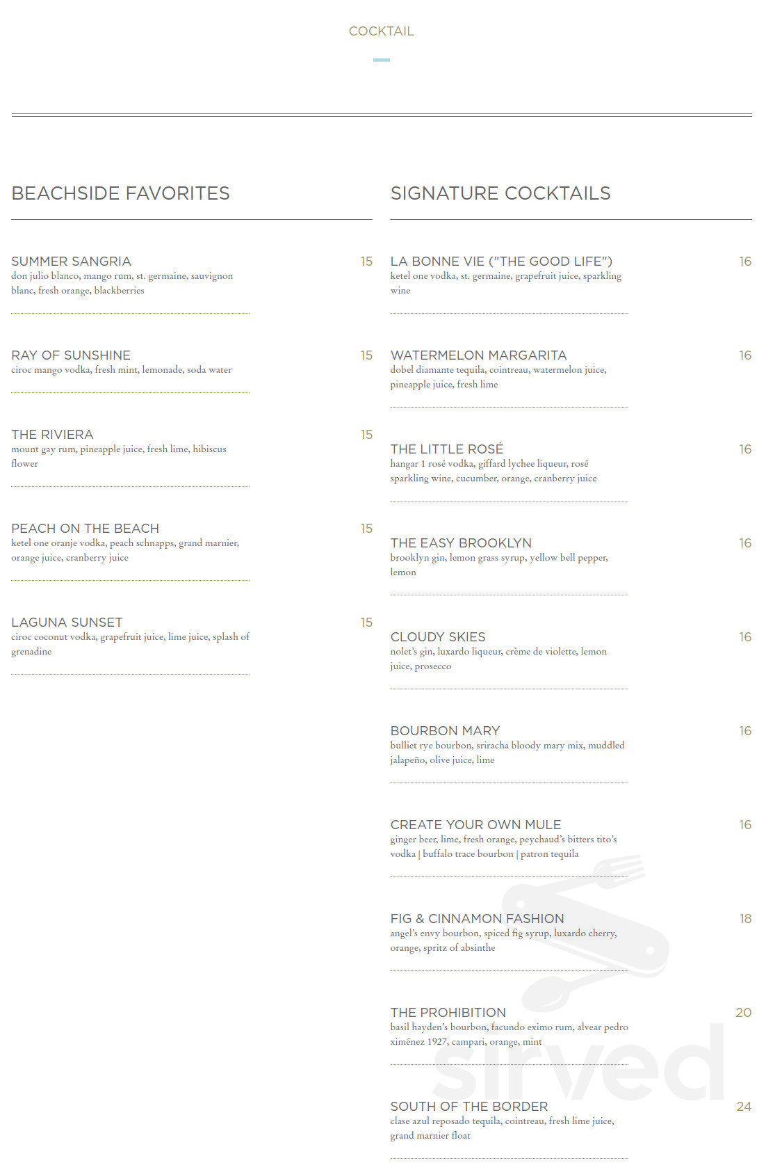 Splashes Restaurant menu in Laguna Beach, California, USA