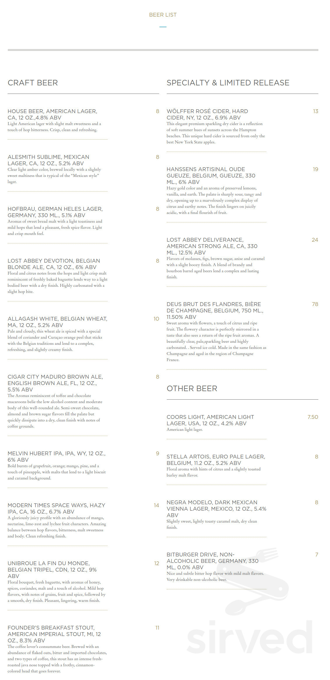 Splashes Restaurant menu in Laguna Beach, California, USA