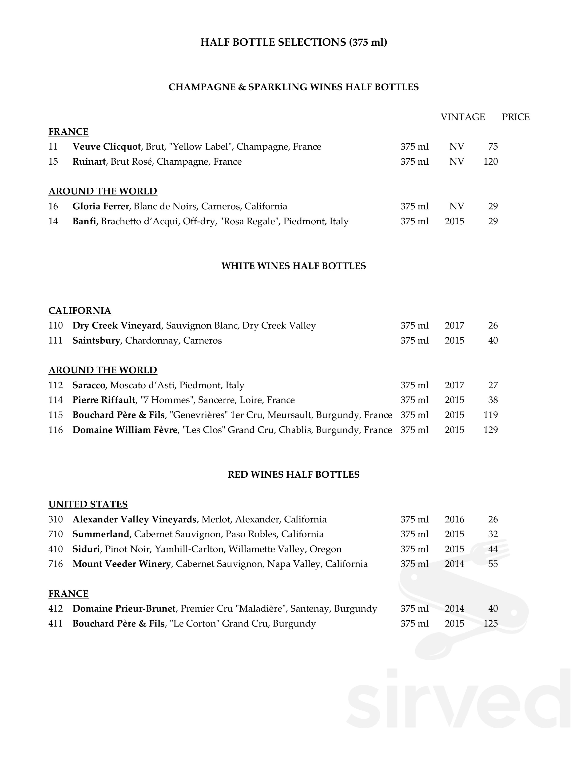 Splashes Restaurant menu in Laguna Beach, California, USA