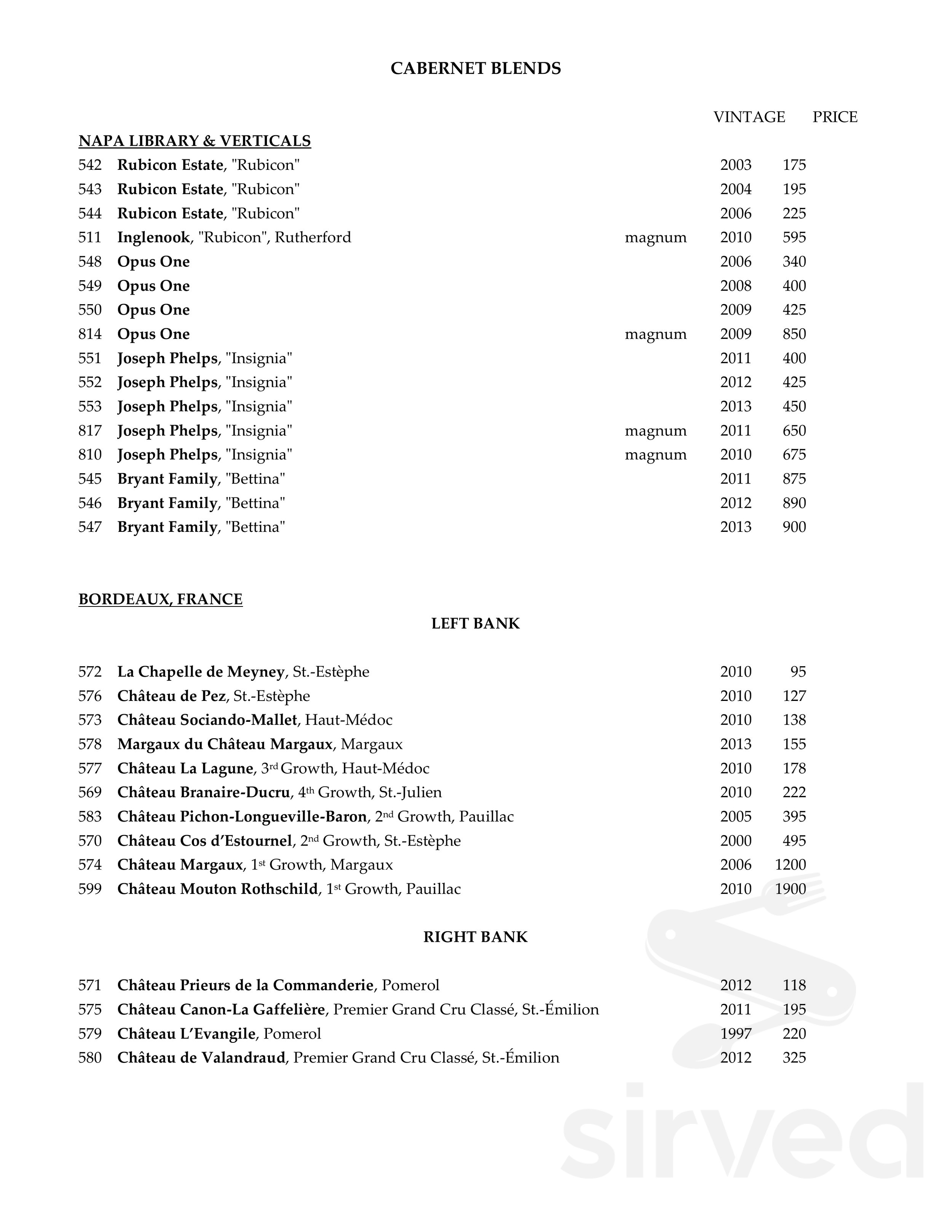 Splashes Restaurant menu in Laguna Beach, California, USA