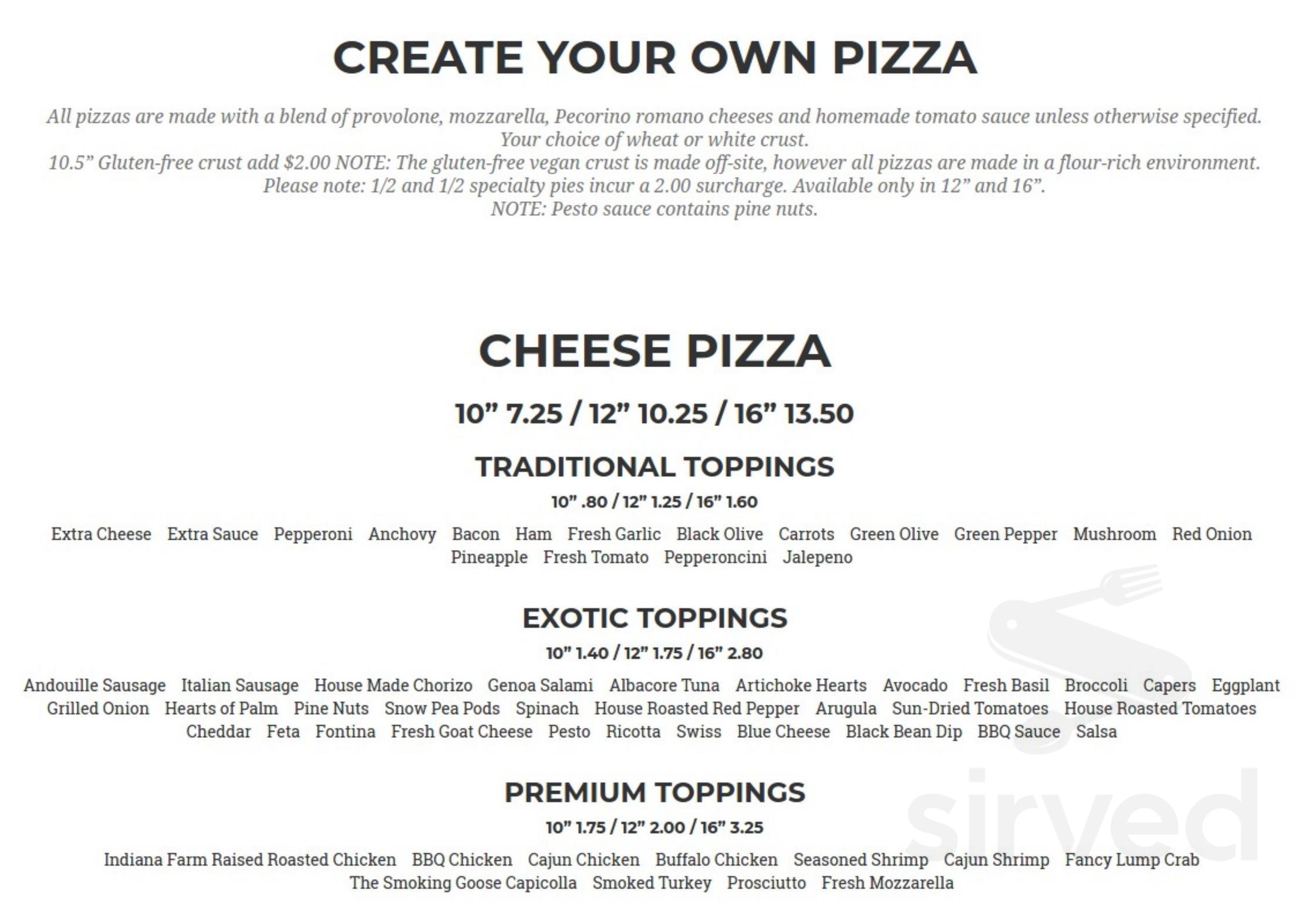 Bazbeaux Pizza menus in Indianapolis, Indiana, United States