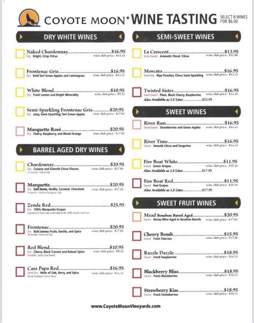 Coyote Moon Vineyards menu in Clayton, New York, USA