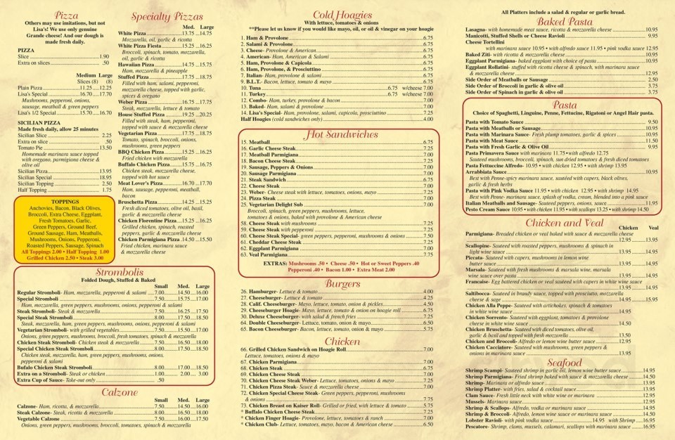 Menu for Lisa's Pizza & Restaurant in Telford, PA | Sirved