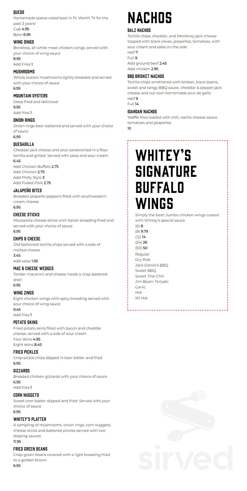 Whitey's menu in Grand Island, Nebraska, USA