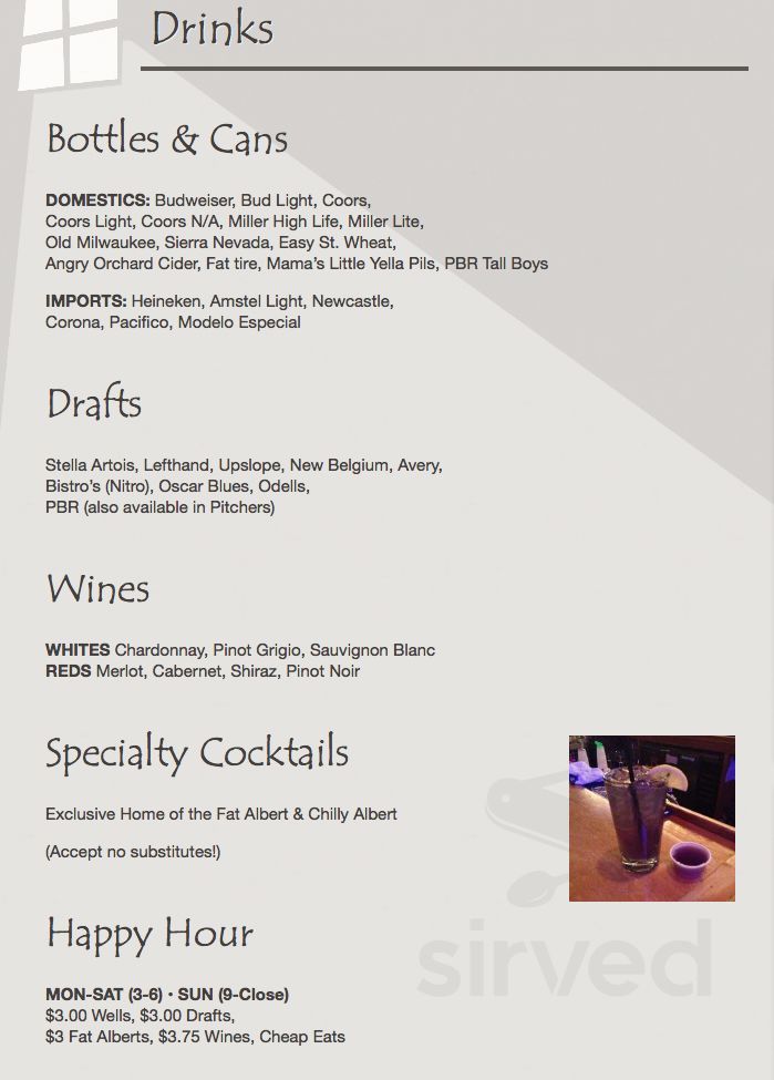 Menu - Boulder CO's Attic Bar & Bistro | Sirved