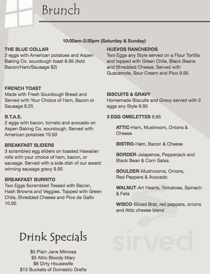 Menu - Boulder CO's Attic Bar & Bistro | Sirved