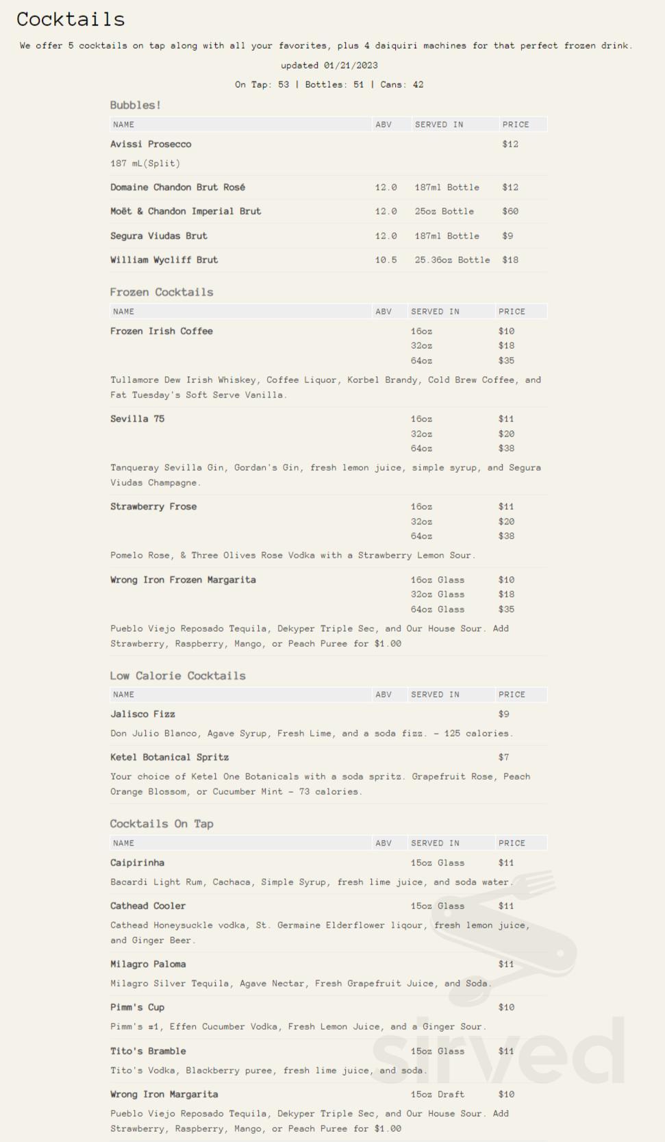 Wrong Iron On The Greenway menu in New Orleans, Louisiana, USA