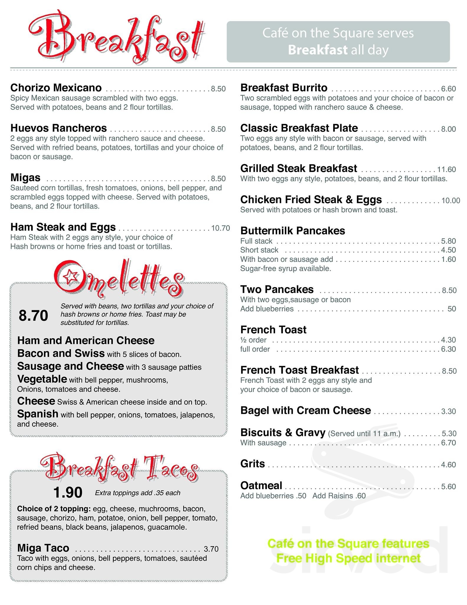 Menu - San Marcos TX's Cafe on the Square | Sirved