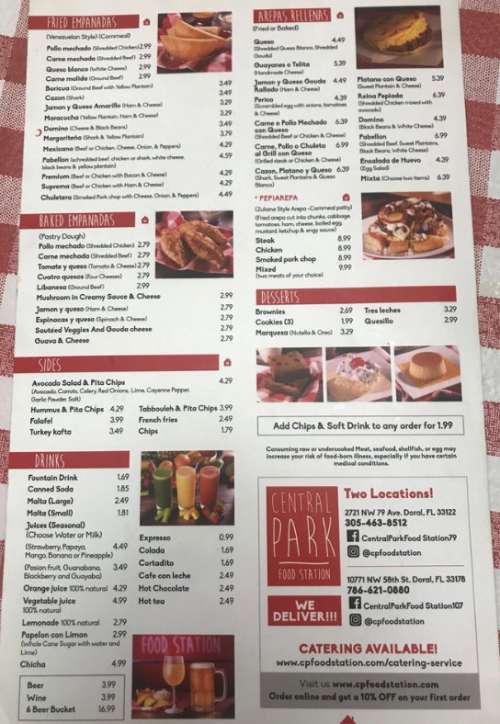 Central Park Food Station menu in Doral, Florida, USA