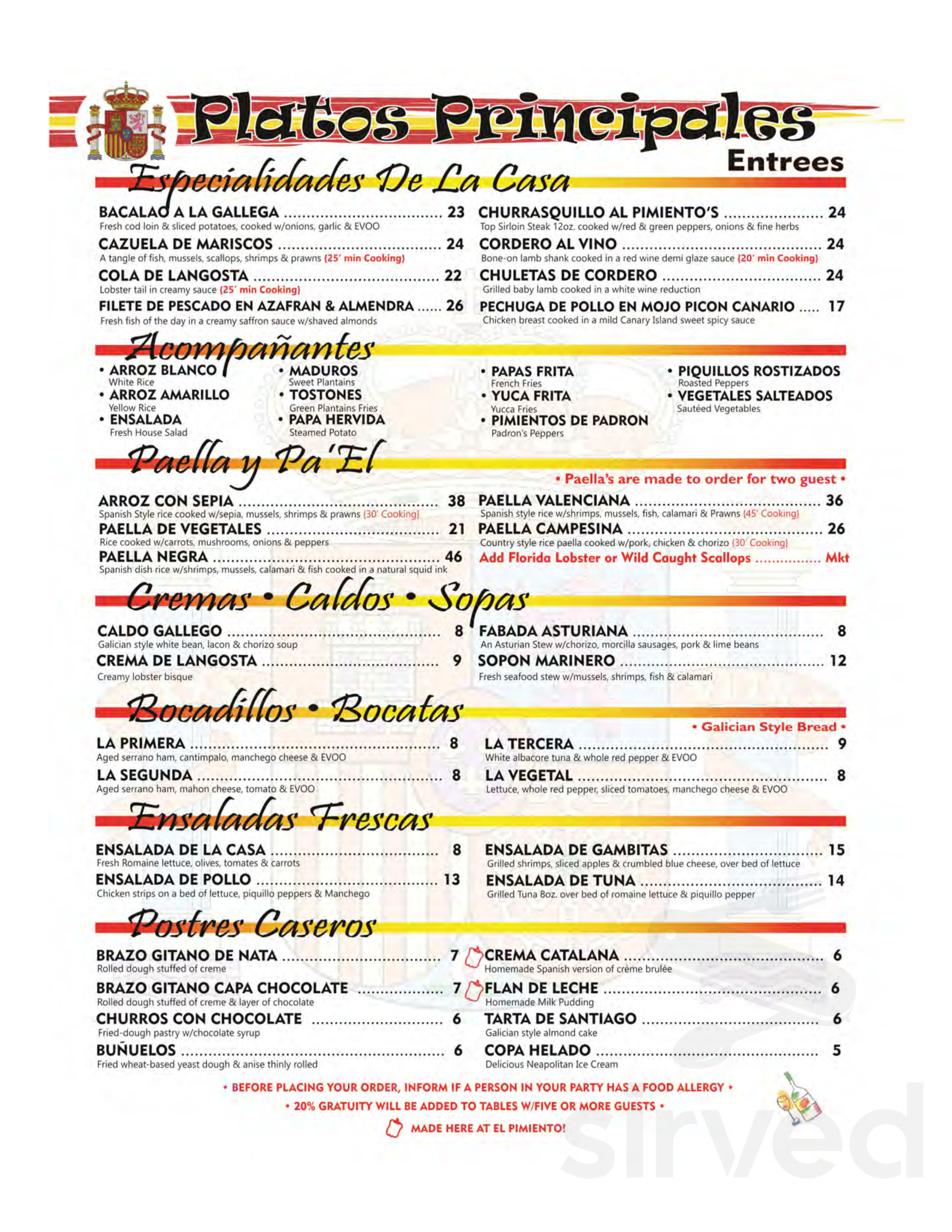 El Pimiento Restaurant menus in Miami Lakes, Florida, United States