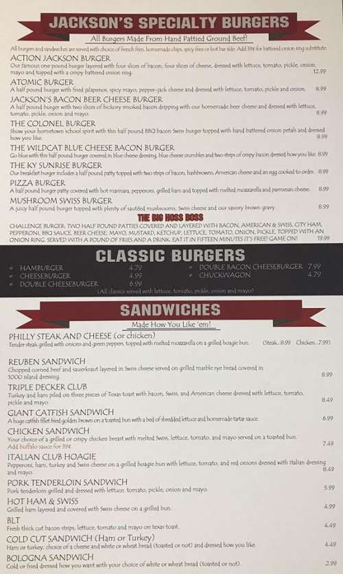 Jackson's Restaurant menu in Richmond, Kentucky, USA
