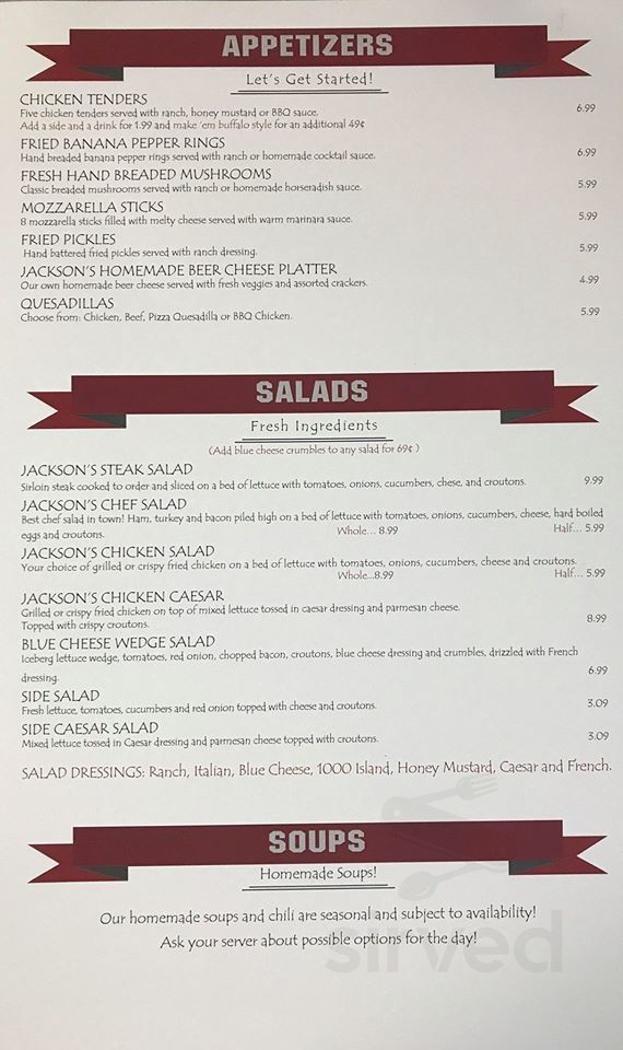 Jackson's Restaurant menu in Richmond, Kentucky, USA