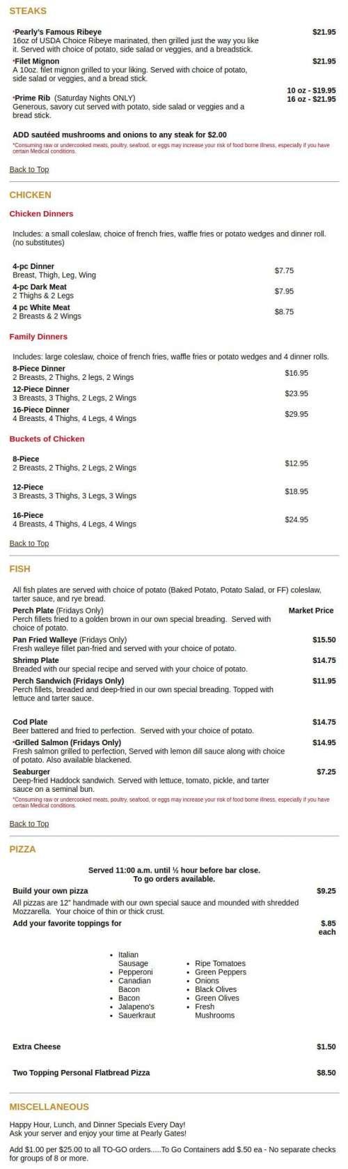 Pearly Gates Bar & Grill menu in Green Bay, Wisconsin, USA