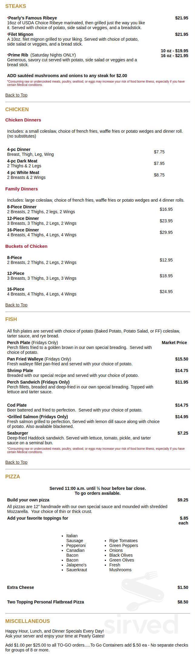 Pearly Gates Bar & Grill menu in Green Bay, Wisconsin, USA