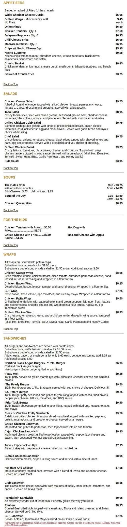 Pearly Gates Bar & Grill menu in Green Bay, Wisconsin, USA